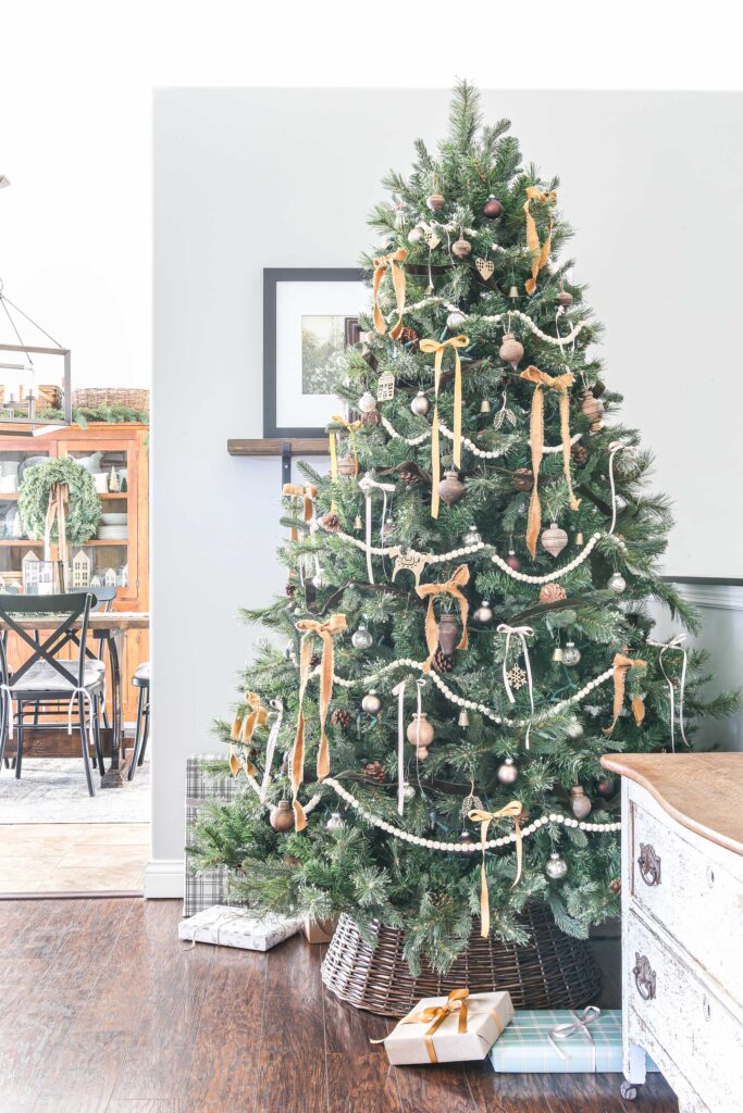 Brown and Brass Christmas Tree with Ribbons | Little Glass Jar